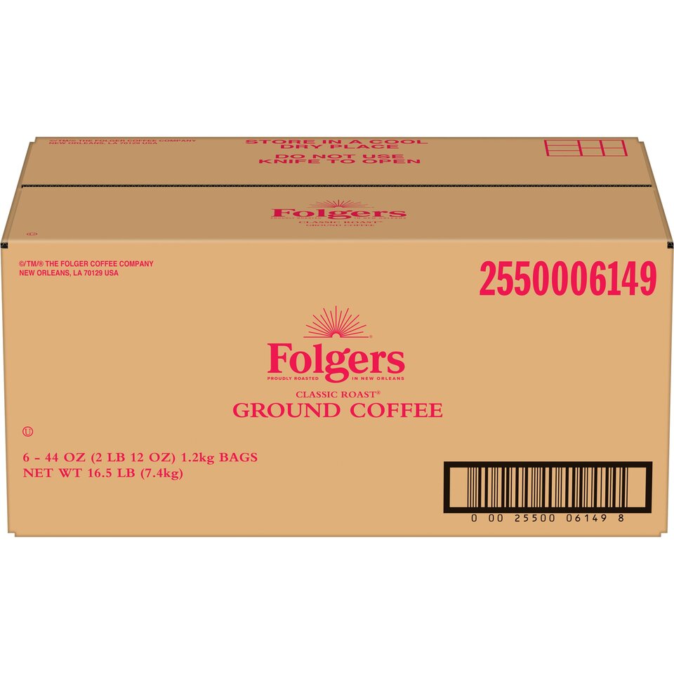 Folgers 44 Ounce Caffeine Ground Regular - Bulk 6 Count Case